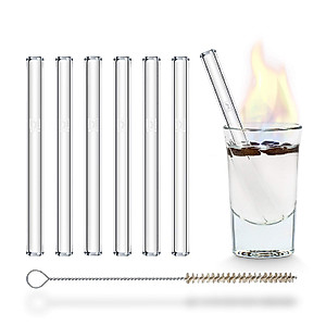 HALM Glass Straws - 6 Reusable 4 Inch Short Drinking Straws + Plastic-Free Cleaning Brush Perfect for B52 and Shot Glasses or Blowing Tubes & Paraphernalia - Dishwasher Safe - Eco-Friendly – Straight