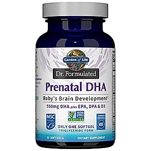 Garden of Life Dr. Formulated Prenatal DHA Fish Oil - 550mg DHA & DPA in Triglyceride Form 100% DV Vitamin D3, Single Source, Mercury Free Omega 3 DHA Supplements for Women's Health, 30 Softgels