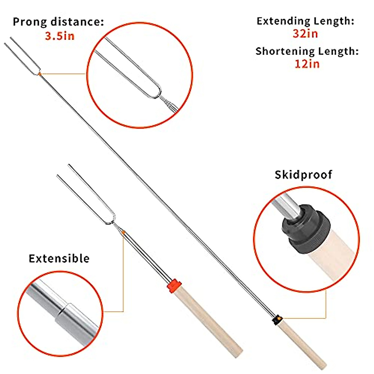QUTHZZHY Roasting Sticks, Stainless Steel Smore Skewers with Wooden Handle, 32 Inch Extendable BBQ Forks Telescoping Smores Sticks for Fire Pit, Campfire