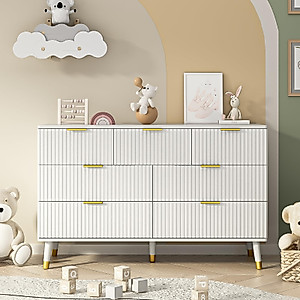 Tradare White Dresser for Bedroom, 7 Drawer Dresser with Gold Metal Handles, Wood Modern Dresser for Bedroom