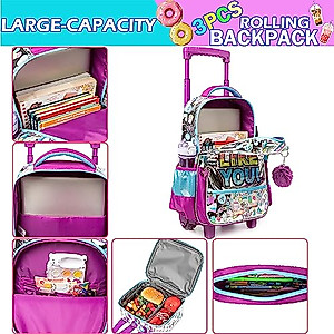 Meetbelify Rolling Backpack for Girls Backpack with Wheels Kids Luggage for Elementary Students with Lunch Box Set for Girls Purple