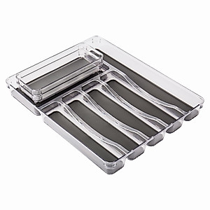 SIMPLEMADE Silverware Organizer Tray Set - 3 Piece Flatware Organizer for Drawer - Clear Cutlery Tray Drawer Insert with Easy Clean Liner - Multipurpose Storage for Kitchen, Office, Bathroom (Grey)