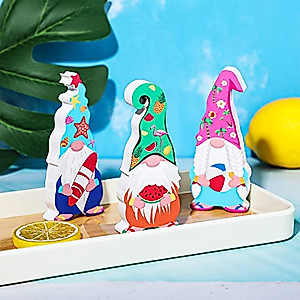3 Pcs Wooden Beach Gnomes Sign Summer Gnomes Table Decor Wood Beach Table Centerpieces Hawaii Wooden Gnomes Sign for Summer Party Tiered Tray Shelf Home Kitchen Decoration