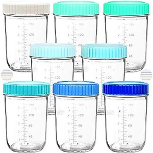 Youngever 8 Sets Glass Baby Food Storage, Baby Food Glass Containers with Airtight Lids, 8 Coastal Colors (8 Ounce)