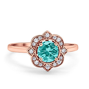 Blue Apple Co. Rose Tone, Simulated Paraiba Tourmaline CZ Size-8 Halo Floral Art Deco Vintage Style Wedding Engagement Ring Round Simulated Cubic Zirconia 925 Sterling Silver