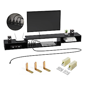 FABATO 59" Floating TV Stand with Power Outlet Wall Mounted Media Console Cabinet Shelf Under TV for Cable Box Audio Video Black