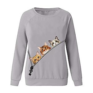 MELDVDIB Long Sleeve Shirts For Women Round Neck Cat Print Tee Pullover T-Shirt Casual Loose Workout Blouses Tops (Gray, S)