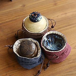 Retro Teapot Bundle Pocket, Flower Pattern Teacup Bag, Jewelry Storage Bag, Drawstring Bundle Pocket, Cotton Linen Teaware Storage Bag(Wine Red)