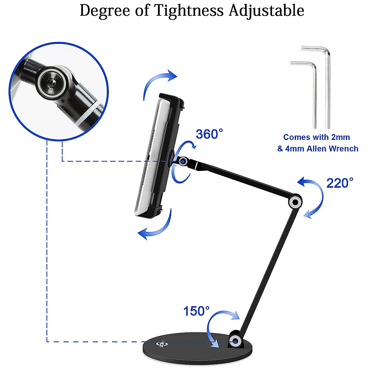 KABCON Tablet Stand,Tightness Adjustable 360°Rotatable Multi-Angle Eye-Level Aluminum Solid Long Arm Tablets Stands for iPad Series,Microsoft Surface Tablet Series,Samsung Galaxy Tabs,Kindle Fire,etc