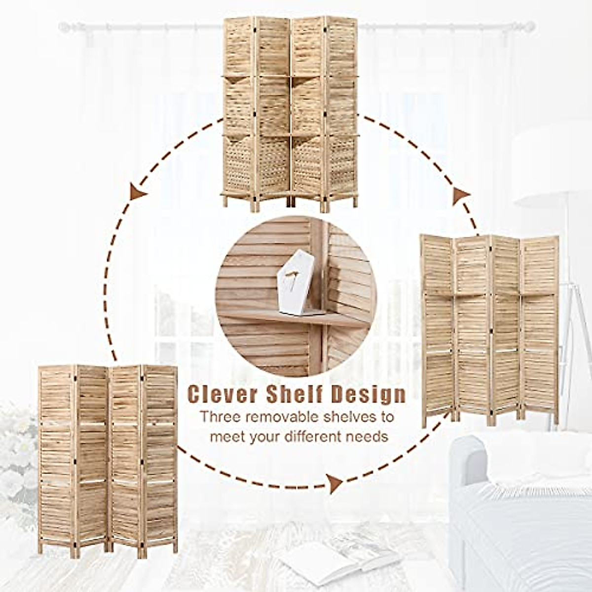 Vicluke 4 Panels Room Divider with 3 Removable Storage Shelves, 5.6 FT Folding Privacy Screen, Wood Portable Wall Divider for Home, Office, Restaurant(Natural)