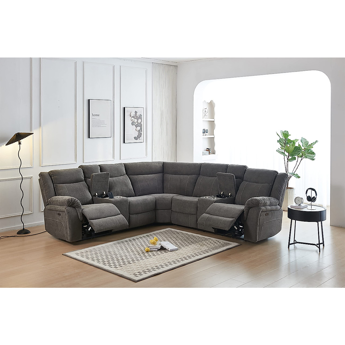 Elountik Modern Fabric Upholstered Power Reclining Sectional Couch with 2 Power Recliners, 2 Storage Consoles, 4 Cup Holders, USB Charging Ports, Gray Frabic