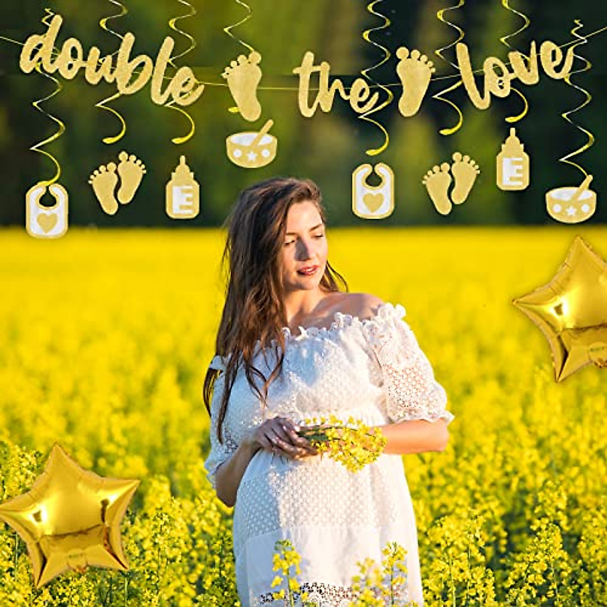 110 PCs Twins Baby Shower Decorations, Fiesec Oh Babies Foil Confetti Balloon Artificial Leaves Double the Love Glitter Banner Hanging Swirl Cake Cupcake Topper Gold White Green