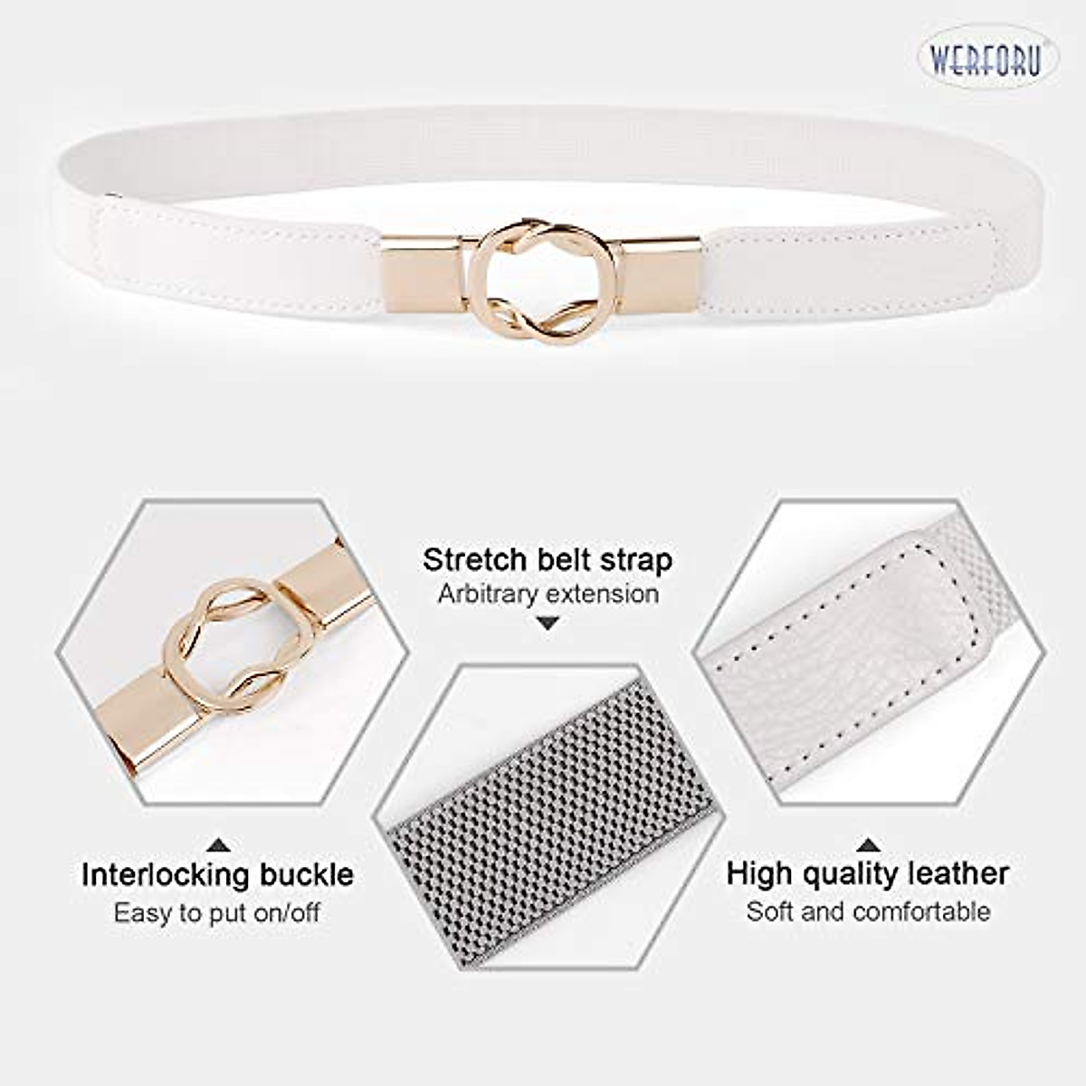 WERFORU Women Skinny Belt for Dresses Retro Stretch Ladies Waist Belt Plus Size Set of 4 (Fits Waist 30"-42", a-black+brown+white+gray)