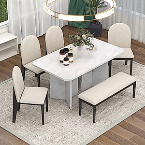 BIADNBZ 6-Piece Dining Table Set for 6 with Faux Marble Tabletop and 4 Upholstered Dining&Chairs & 1 Bench for Kitchen Funiture,Family, 36.1 inch, White