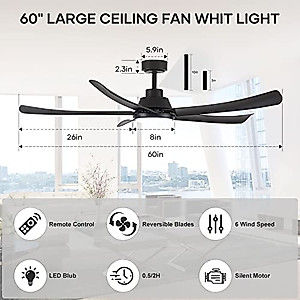 NWIASS Modern Farmhouse Ceiling Fans with Lights, 60" Black Outdoor Ceiling Fans for Patios, Low Profile Flush Mount Ceiling Fan with 5 Blades DC Motor for Indoor Bedroom Garage (60" Black-B)