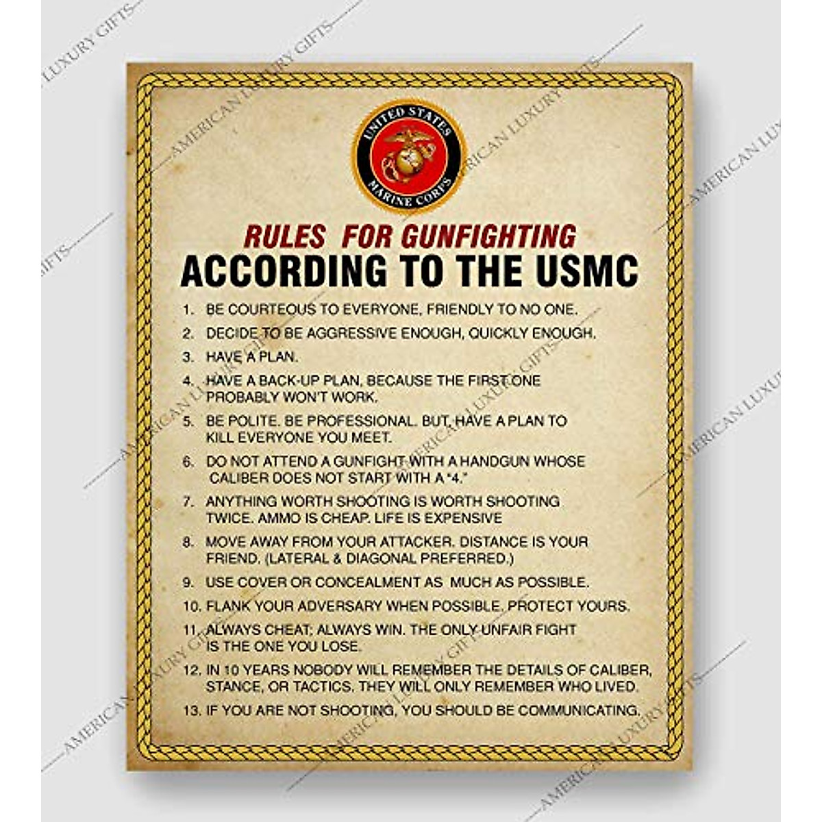 "Rules for Gunfighting According to the USMC"-U.S. Marine Corps Wall Art- 8 x 10" Distressed Patriotic Print-Ready to Frame. Home-Office-Military Decor. Perfect Gift for All Marines! Semper Fi!