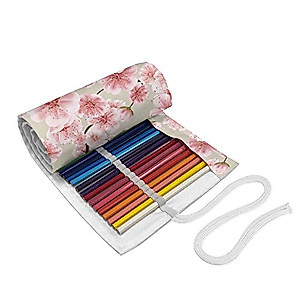 Ambesonne Cherry Blossom Roll Up Pencil Holder, Random Arrangement of Pastel Colored Blooming Sakura Flower, Painting Drawing Pencils Case for Artists Students, 72 Loops, Rose Eggshell