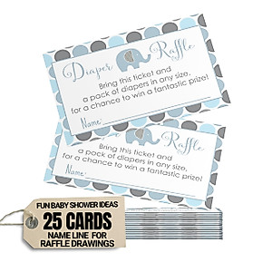 Blue Elephant Diaper Raffle Tickets, Boys Baby Shower Games for Prizes, Baby Shower Diaper Raffle Invitation Insert Cards, 25 Pack