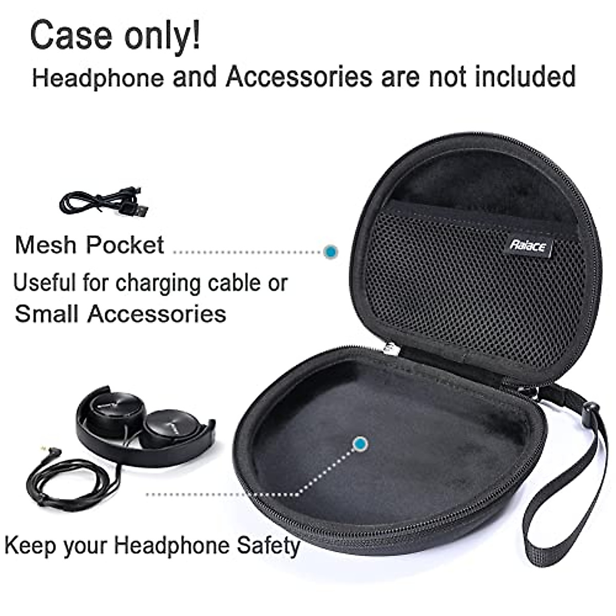 RAIACE Hard Storage Case Compatible with Sony MDRZX110NC & MDRZX110AP Noise Cancelling Headphones. (Case Only) - Black(Black Lining)