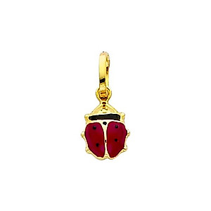 The World Jewelry Center 14k REAL Yellow Gold Lady Bug Enamel Pendant with 1.2mm Singapore Chain Necklace - 22"