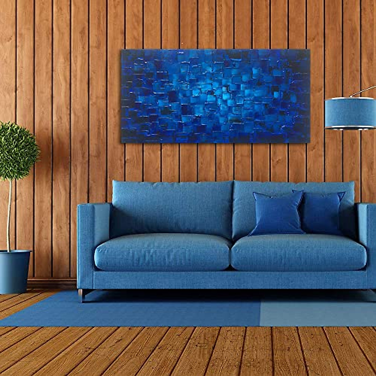 Gongyuanyihao Arts Modern Textured Abstract Squares Canvas Wall Art Hand Painted Artwork Dark Blue Oil Painting Picture for Home Decoration Framed Ready to Hang 48x24inch