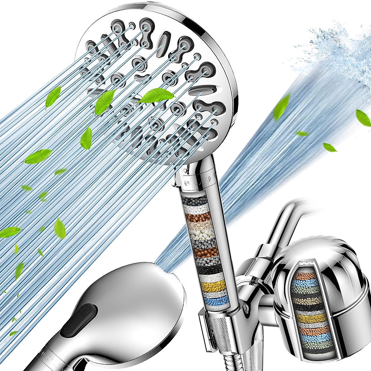 PWERAN Filtered Shower Head with Handheld, Dual Filters High Pressure Water Flow 9 Spray Mode Showerhead, Built-in Power Wash with Hose & Water Softener Filters for Hard Water - Remove Chlorine