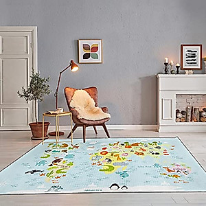 Kids Area Rug World Map Cute Animal Rugs Educational Floor Carpet for Boy Girl Machine Washable Area Rugs for Living Room, Bedroom, Playroom,8' x 10', Blue