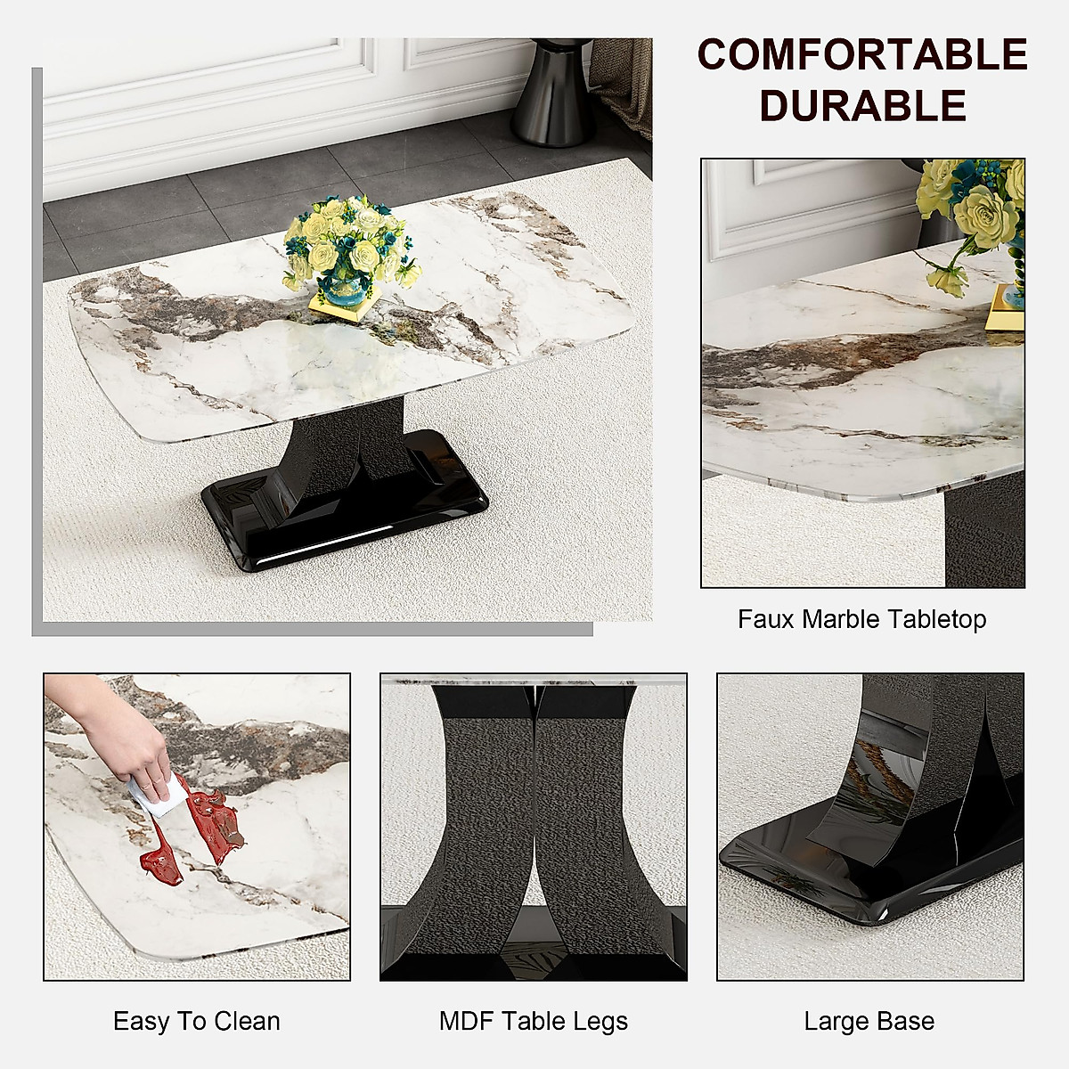 Pvillez 63" White Faux Marble Dining Table, Modern Kitchen Table for 4 6 People, Rectangular Dinner Room Table Marble Sintered Stone Top & Black Curved X Shape Pedestal Table for Dining Room Kitchen