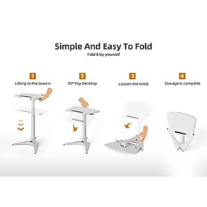 Claiks Mobile Standing Desk, Portable Rolling Standing Desk with Wheels, Pneumatic Height Adjustable Sit-Stand Desk Workstation with 90° Tiltable, Foldable Desk with Non-Slip Computer Stand, White