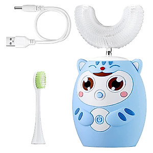 Kids U Shaped Electric Toothbrush U Shaped Automatic Toothbrushes 360° Cleaning with Six Smart Modes Auto Whitening Toothbrush IPX7 Waterproof Design for Toddler Children (2-7 Age (Blue))