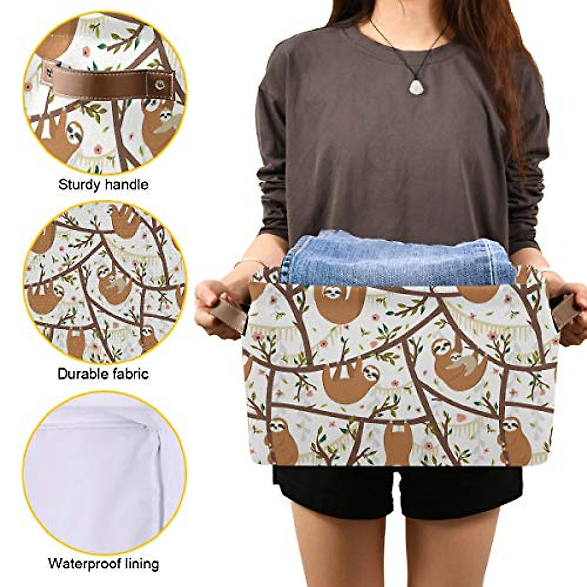 Moudou Sloth Laundry Basket Square Collapsible Laundry Hamper Clothes Toys Storage Bin with Handles for Bedroom, Closet, Nursery, Dorm, Home Decor