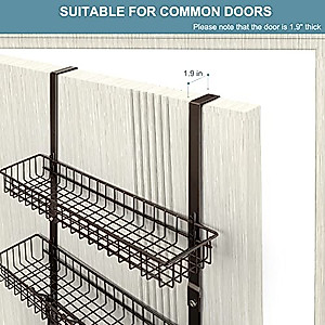 OYEAL Over The Door Hook Rack with 5 Hooks 2 Baskets Steel, Sturdy Durable Coat Rack Towel Hooks Hanging Organizer Shelves for Home Bedroom Bathroom Kitchen, Brown