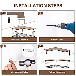 Zincify 4+1 Corner Floating Shelves with Wire Storage Basket, Corner Wall Shelves Rustic Wood for Bathroom, Kitchen, Bedroom, Living Room, Office, Corner Shelf Wall Mounted Dark Brown