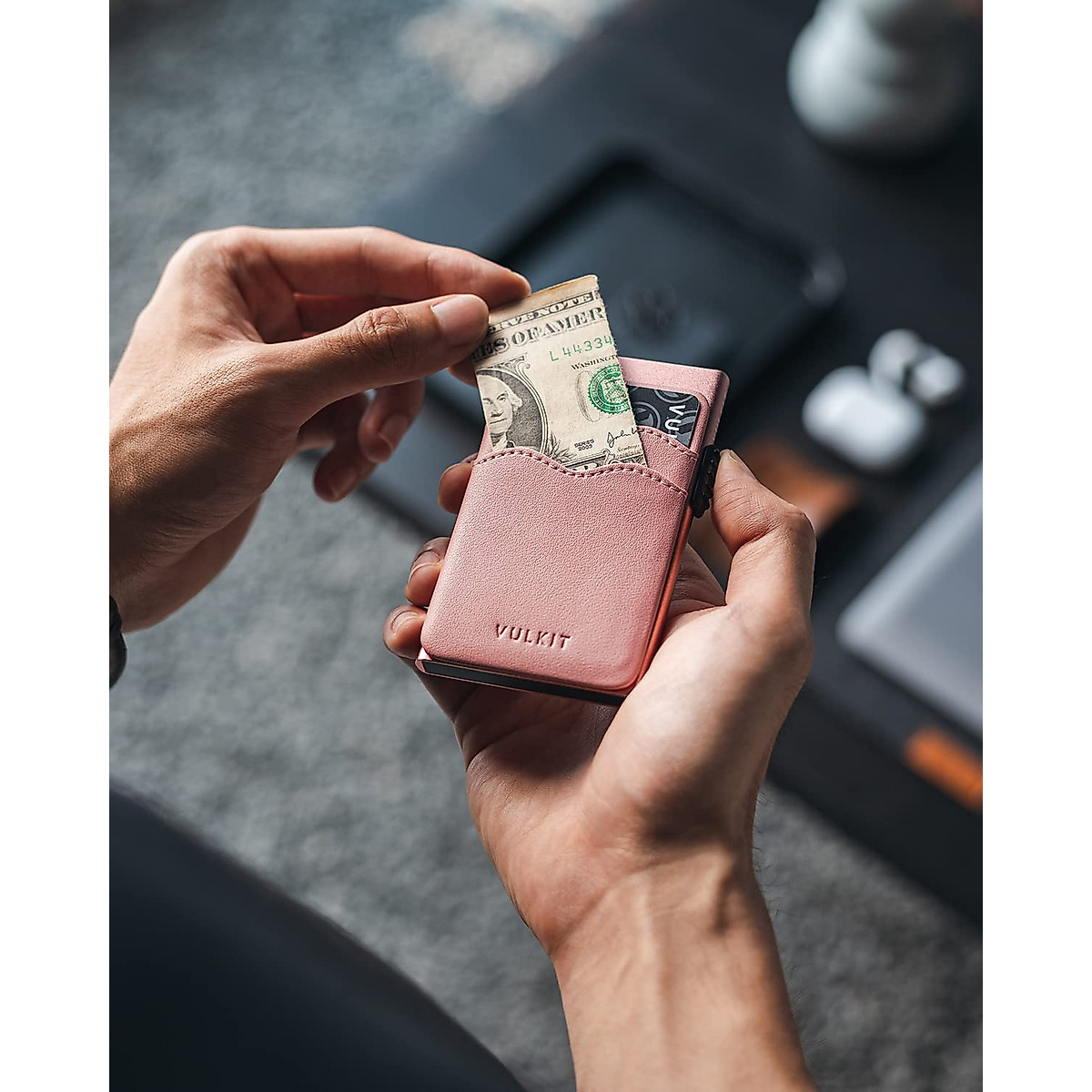 VULKIT Credit Card Holder Minimalist Slim Pop Up Wallet with Leather Slots RFID Blocking for Men and Women Holds 7 Cards and Notes Rose