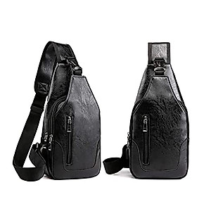 D.LerBung Men's Sling Bag Leather Chest Shoulder Backpack Water Resistant Anti Theft Crossbody Bag with USB Charge Port Black