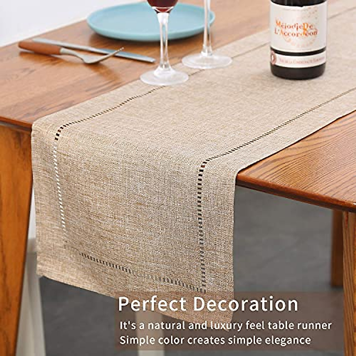 Tosewever Decorative Linen Table Runner Farmhouse Style Tabletop Collection 14 x 72 Inches Table Runners for Everyday Dining Wedding Party Holiday Home Decor (14" x 72", Light Coffee/Straight)