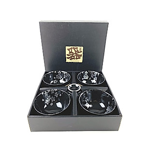 JapanBargain 4690, Japanese Porcelain Rice Bowls Gift Set,Cherry Blossom Sakura Pattern Miso Soup Bowls, Black and Silver Color, Set of 5, Made in Japan