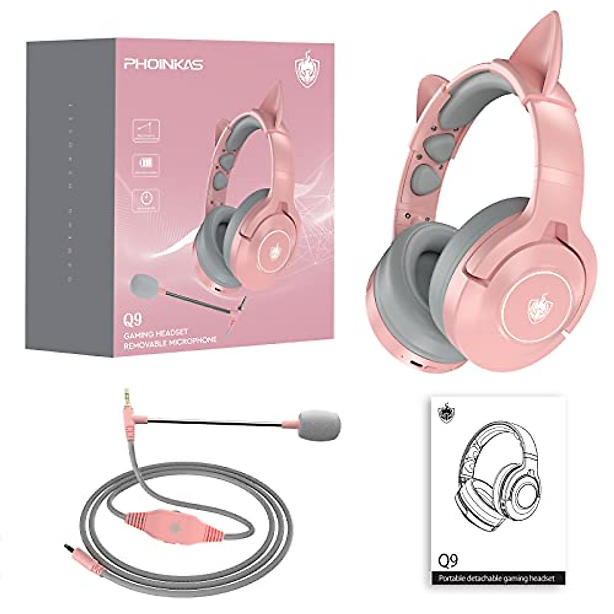 PHOINIKAS Wireless Gaming Headset with Cute Cat Ears, Wired for PS5, PS4, PC, Nintendo Switch, Q9 Over Ear Kitty Headphones with Detachable Mic, Bluetooth Headphones for Phone, Gift for Girls (Pink)