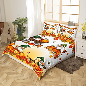 Thanksgiving Autumn Duvet Cover Set King Size,Gnome Fall Harvest Pumpkin Bedding Set,Boys Girls Room Decor,Turkey Maple Leaves Comforter Cover,Orange Quilt Cover,2 Pillowcases(No Comforter)