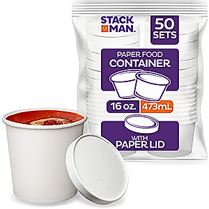 [16 oz. - 50 Sets] Paper Food Container with Lid, Insulated Paper Food Cup with Paper Vented Lid, Hot or Cold to Go Containers, Soup Container, Ice Cream Cup, Yogurt Cup, Eco-Friendly White Container