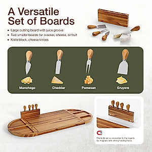 30 inch Large Acacia Wood Charcuterie Board with 4 Knives Set, Magnetic - 3 Parts Wooden Round Tray for Cheese - Long Appetizer Board for Serving Food Platter Cracker Snack
