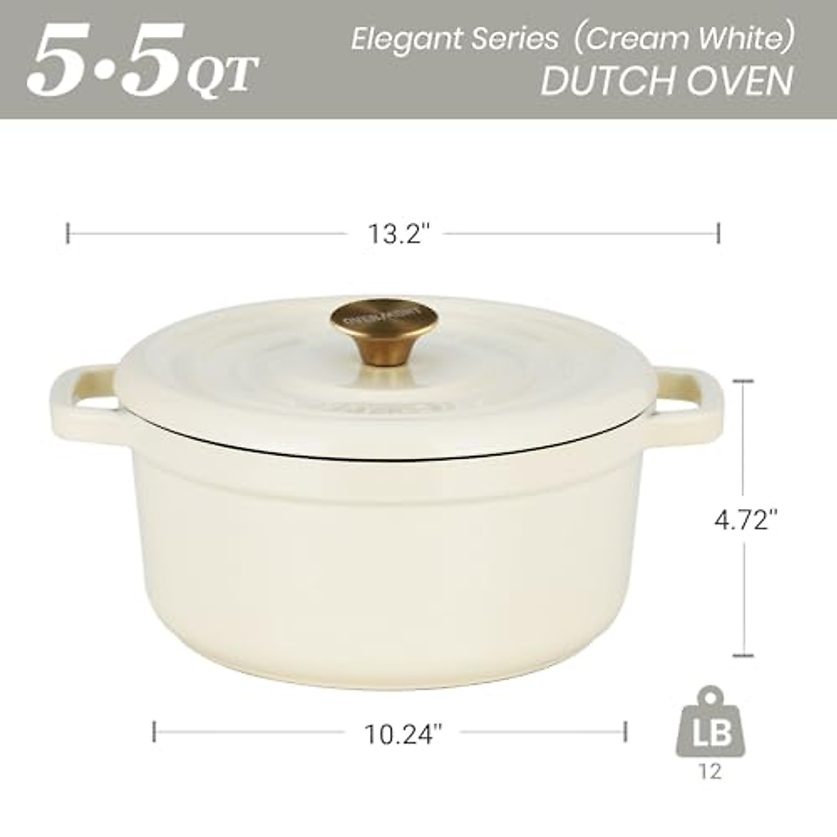 Overmont Enameled Cast Iron Dutch Oven - 5QT Pot with Lid Cookbook & Cotton Potholders - Heavy-Duty Cookware for Braising, Stews, Roasting, Bread Baking white