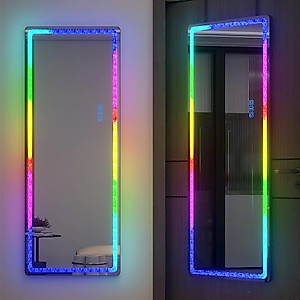 Vlsrka 47x16 Full Length Mirror with Lights, Full Body LED Mirror, Wall Mounted Lighted Mirror, Door Hanging Mirror, 7 Color Dimming Light & 7 RGB Mode, Crushed Crystal Diamond Mirror Black Frame