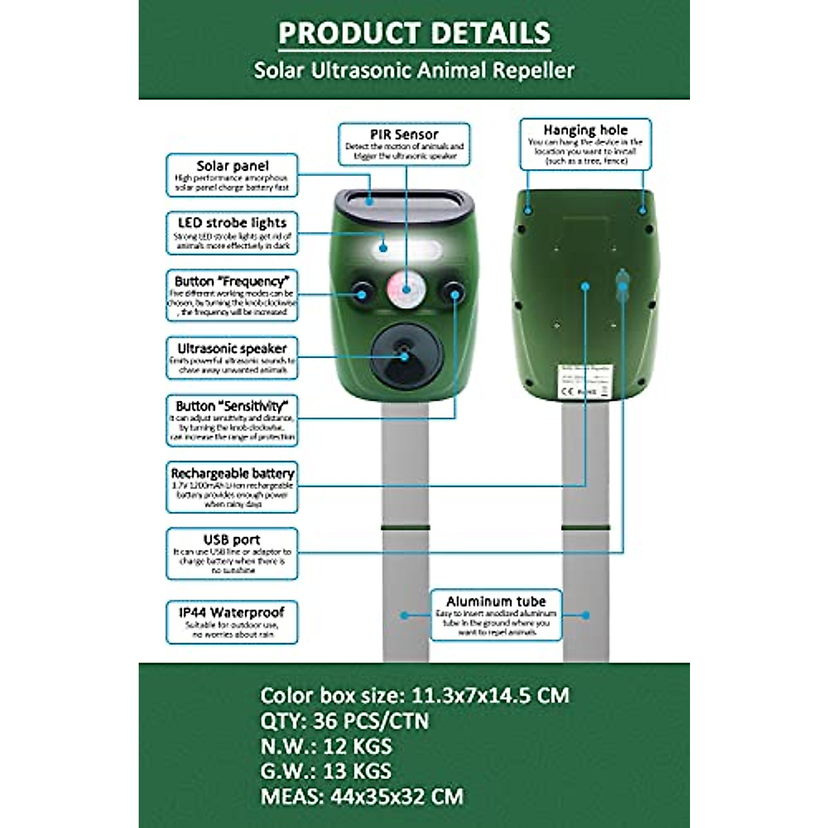 MaximalPower Protect Home Pest Repeller Mole Rat Snake Solar Charging New MOTION ACTIVATED Outdoor Garden ultrasonic Sound