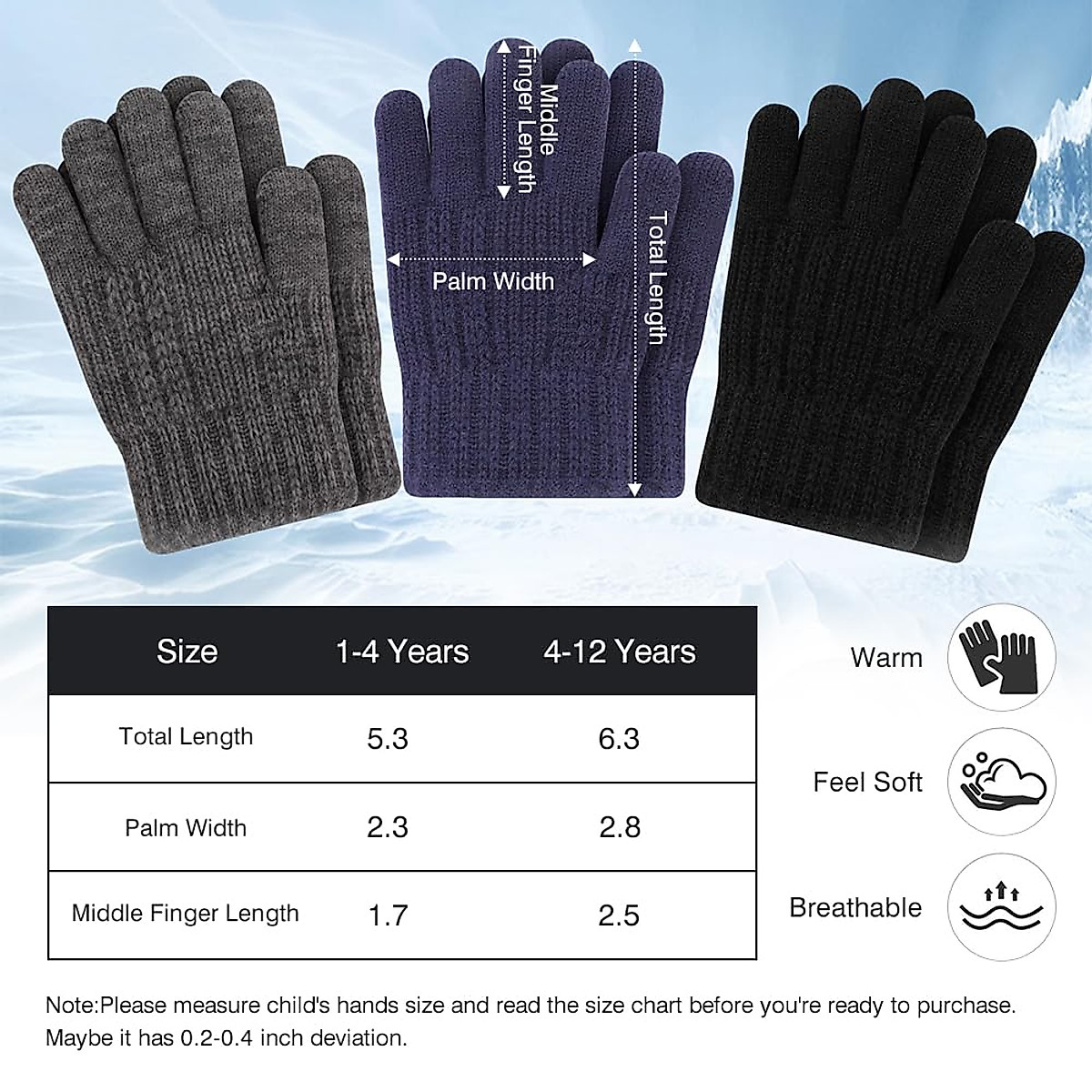 ORVINNER Kids Winter Gloves for Boys Girls, 3 Pairs Children Warm Wool Lined Gloves Toddler Thermal Knitted Mittens (Black/Navy/Dark Grey - Solid Color)