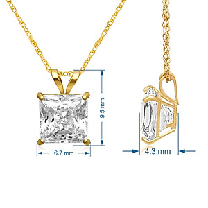Jewelili 10k Yellow Gold 7mm Princess Cut Cubic Zirconia Solitaire Pendant Necklace, 18" Rope Chain