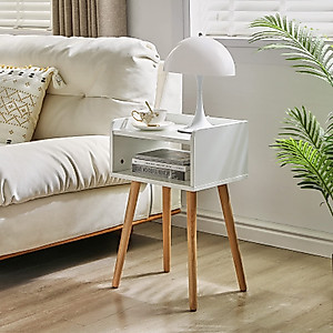 IBUYKE Nightstand, Mid-Century Modern Bedside Table with Solid Wood Legs, Minimalist and Practical End Side Table with Open Storage Shelf, Easy Assembly, White UWNS003W