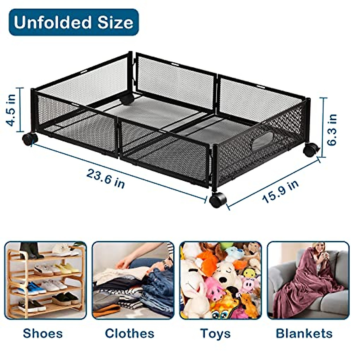 Under Bed Storage,Under Bed Storage Containers With Wheels and Handles,Tool-Free Foldable Heavy Duty Metal Underbed Storage Drawer For Blanket Shoes Clothes Toys -2 Pack