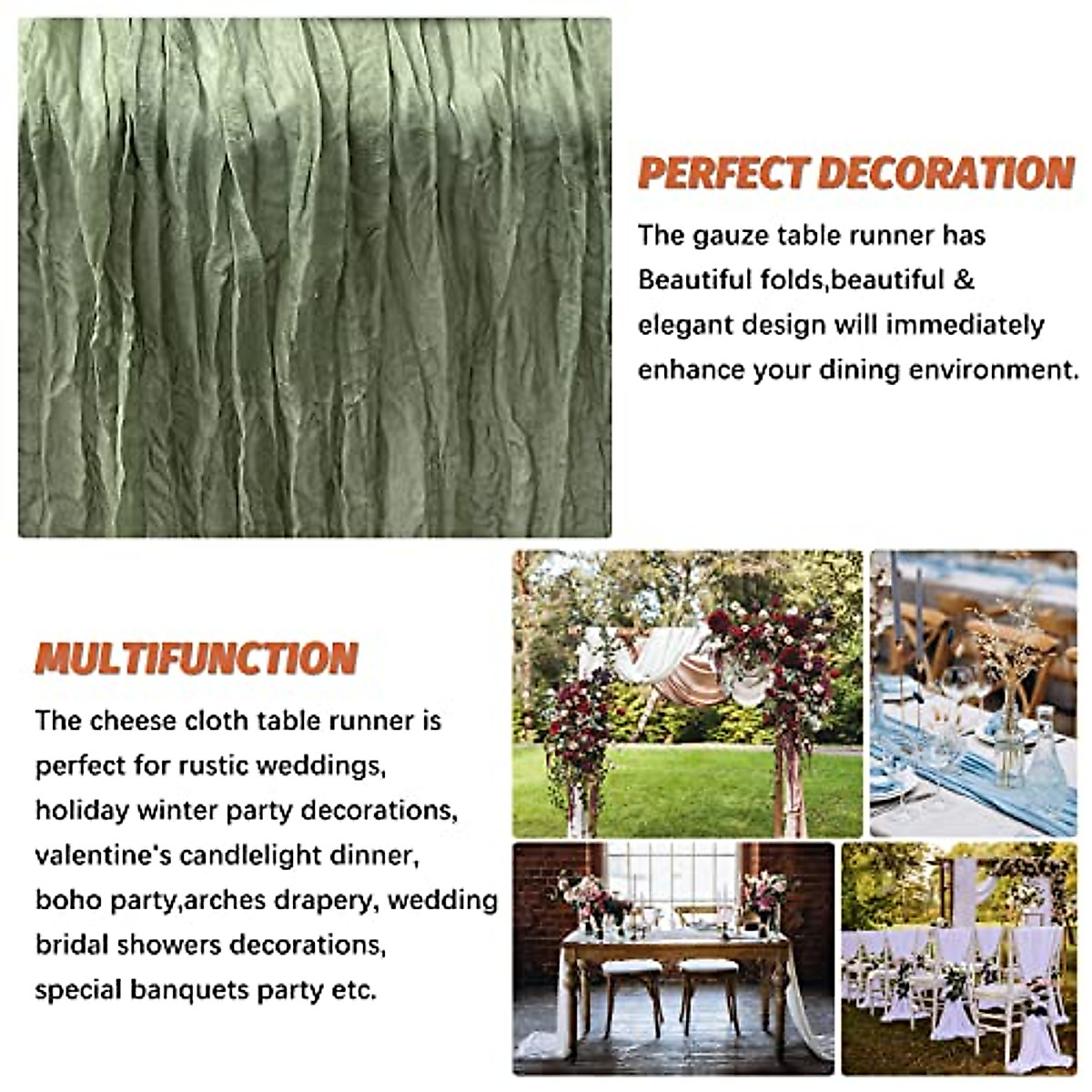 Nialnant Cheese Cloth Table Runner, 35 x 160 Inch Sage Green Boho Table Runner, Holiday Table Runner for Special Banquets Party, Wedding Reception Bridal Showers Decorations