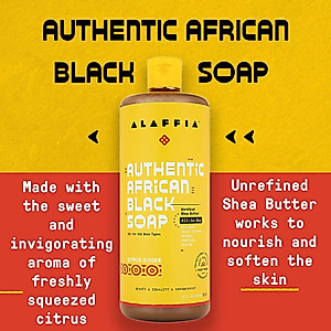 Alaffia Authentic African Black Soap Variety 2-Pack – All-In-One Liquid Soap, Travel-Size Eucalyptus Tea Tree + Full-Size Citrus Ginger Body Wash, Face Wash, Shampoo, Shaving Soap